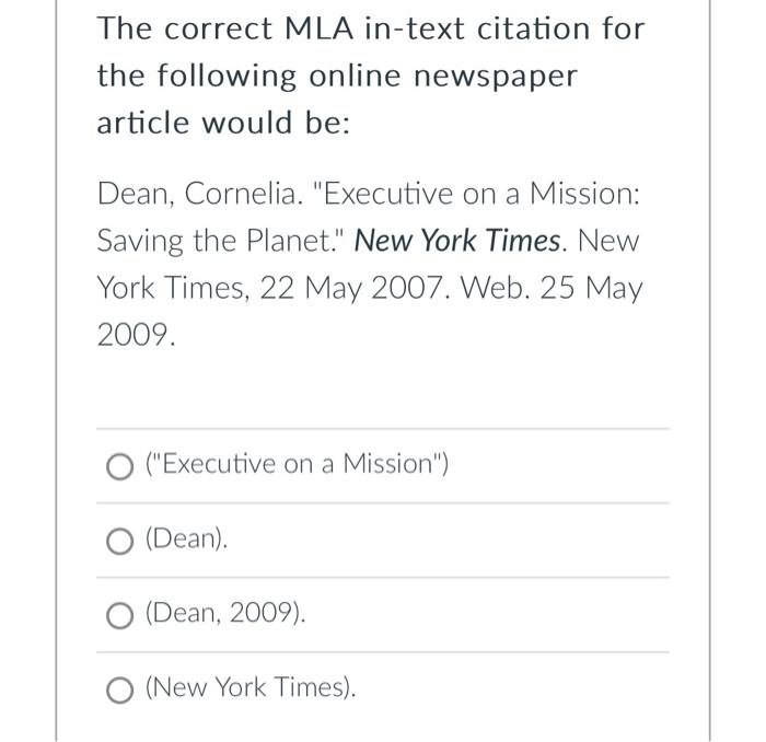 The correct MLA in-text citation for the following | Chegg.com