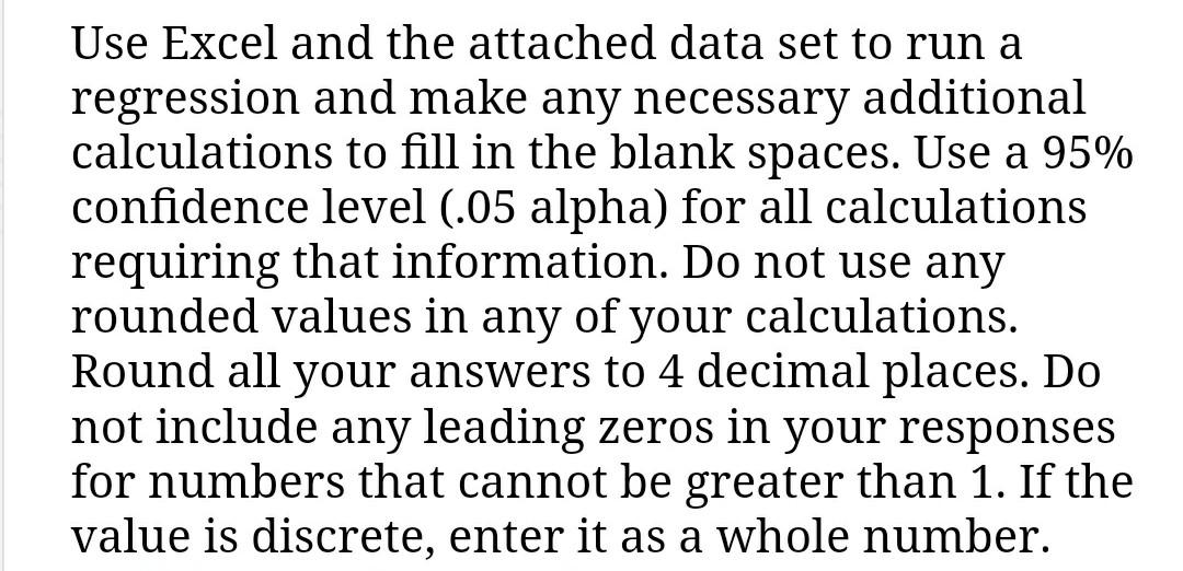 Solved Use Excel And The Attached Data Set To Run A 