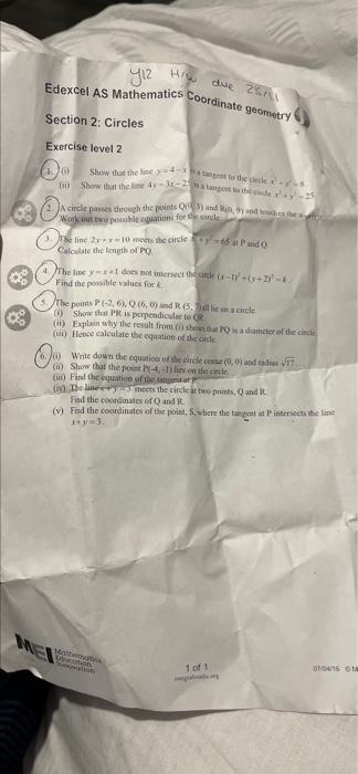 Solved Edexcel AS Mathematics Coordinate geometry Section 2: | Chegg.com