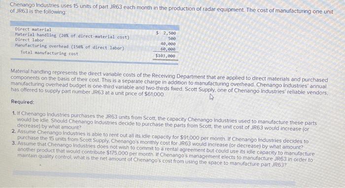 Solved Chenango Industries uses 15 units of part JR63 each | Chegg.com