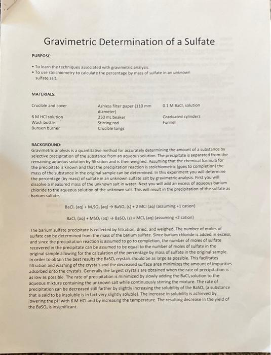 Solved Gravimetric Determination of a Sulfate PURPOSE: - To | Chegg.com