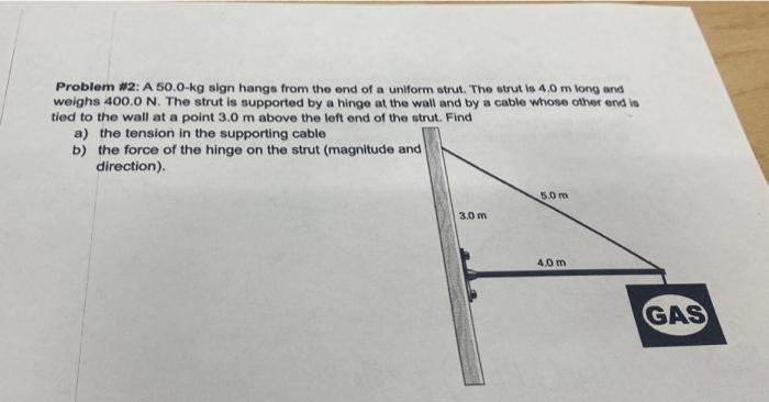 Solved Problem w2: A. 50.0-kg sign hangs from the end of a | Chegg.com