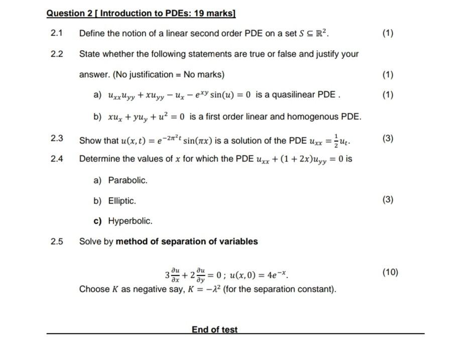 Solved (1) Question 2 Introduction to PDEs: 19 marks] 2.1 | Chegg.com