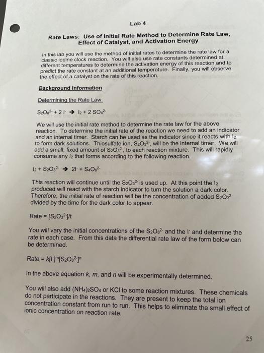Solved Lab 4 Rate Laws: Use of Initial Rate Method to | Chegg.com