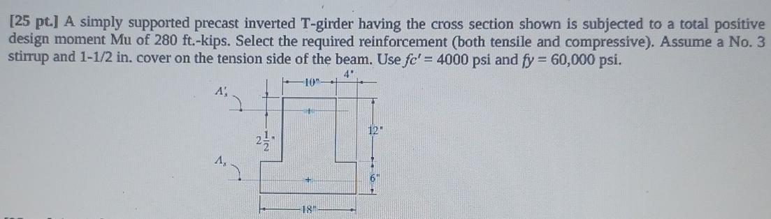 Solved [25 pt] A simply supported precast inverted T-girder | Chegg.com