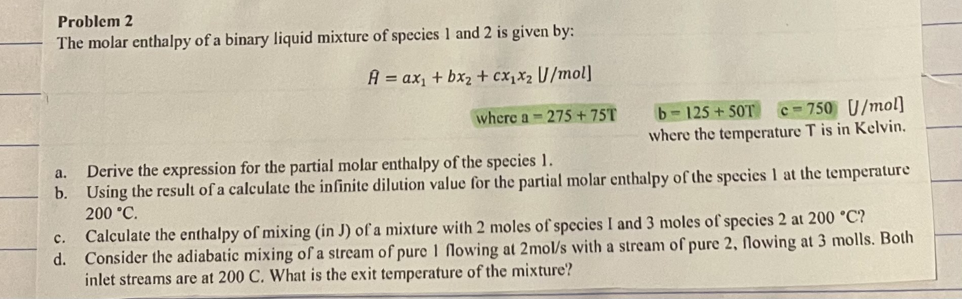 Solved Problem 2The molar enthalpy of a binary liquid | Chegg.com