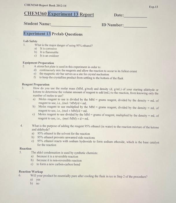 Solved CHEM360 Report Book 2012-14 Exp.13 CHEM360 Experiment | Chegg.com