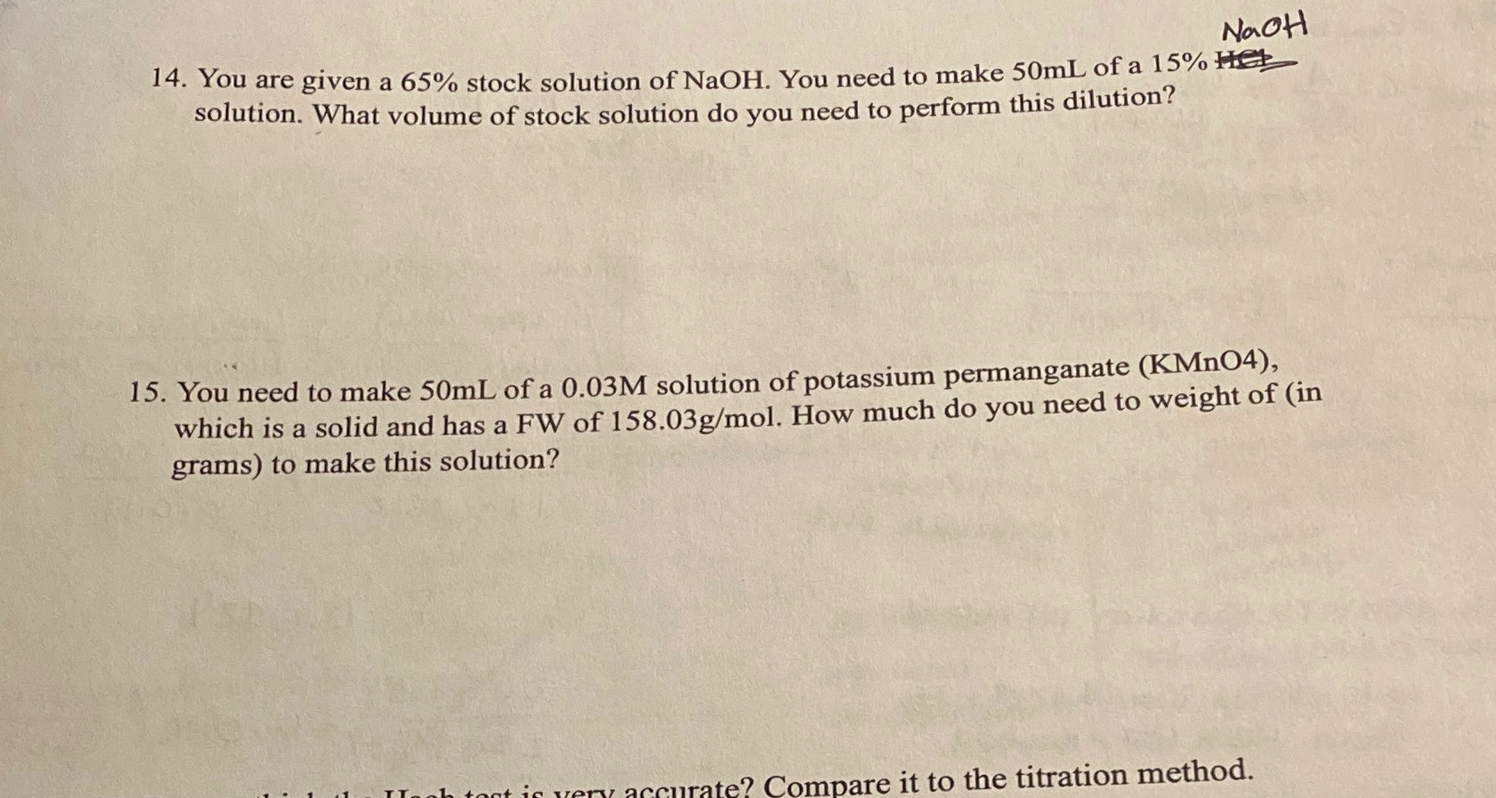 Solved You are given a 65% ﻿stock solution of NaOH. You need | Chegg.com
