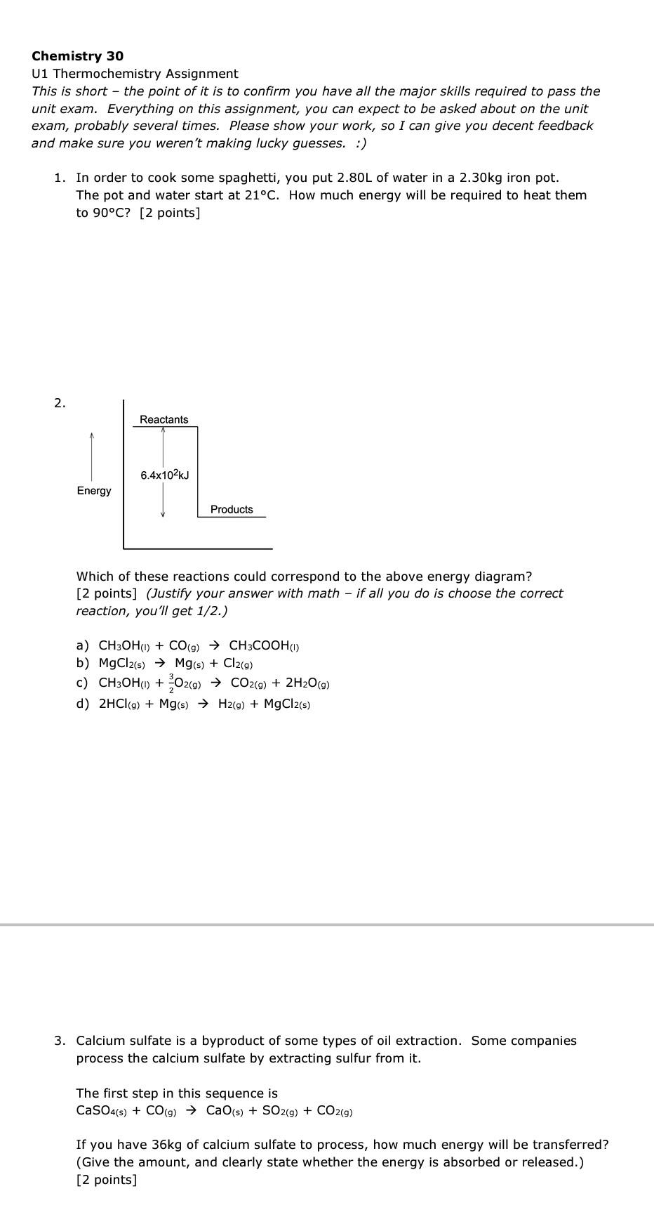 Solved Chemistry 30 U1 Thermochemistry Assignment This is | Chegg.com