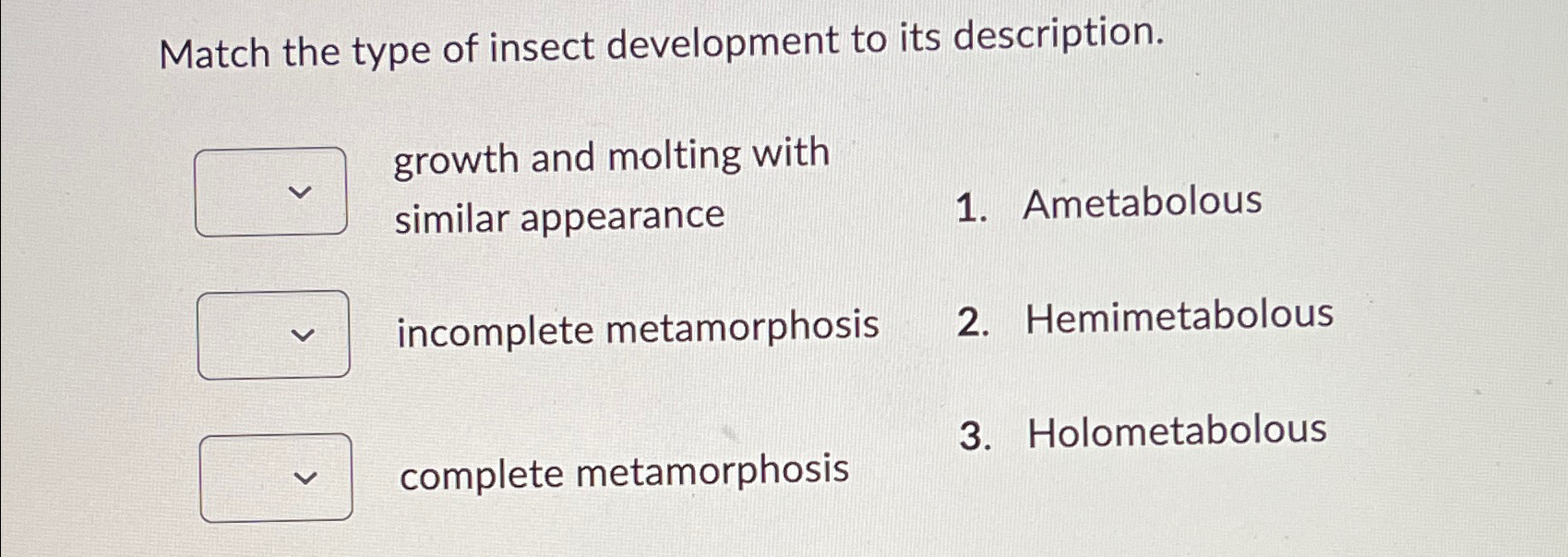 Solved Match The Type Of Insect Development To Its
