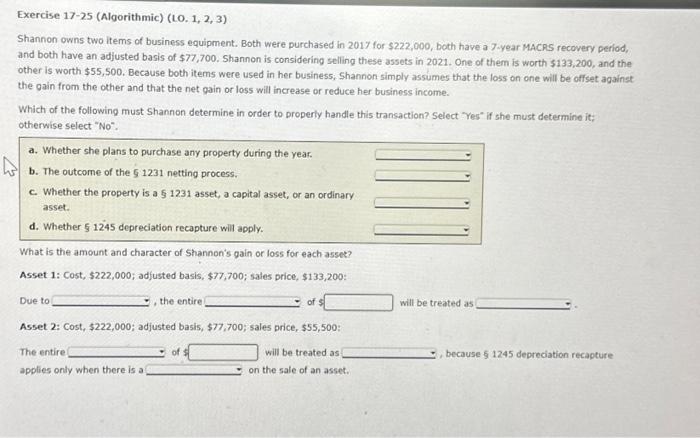 Solved Exercise 17-25 (Algorithmic) (LO. 1, 2, 3) Shannon | Chegg.com
