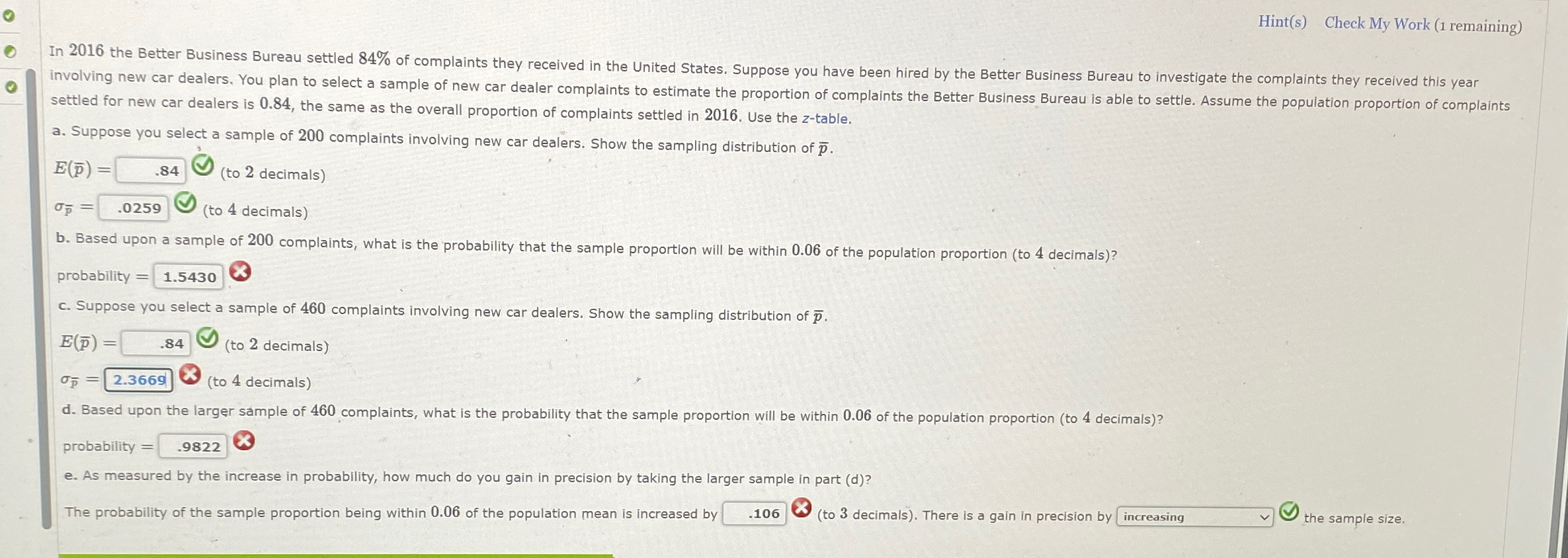 Solved Hint(s) ﻿Check My Work (1 ﻿remaining)settled for new | Chegg.com