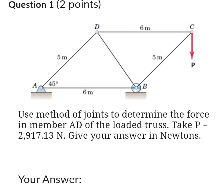 Solved Question 1 (2 ﻿points)Use method of joints to | Chegg.com