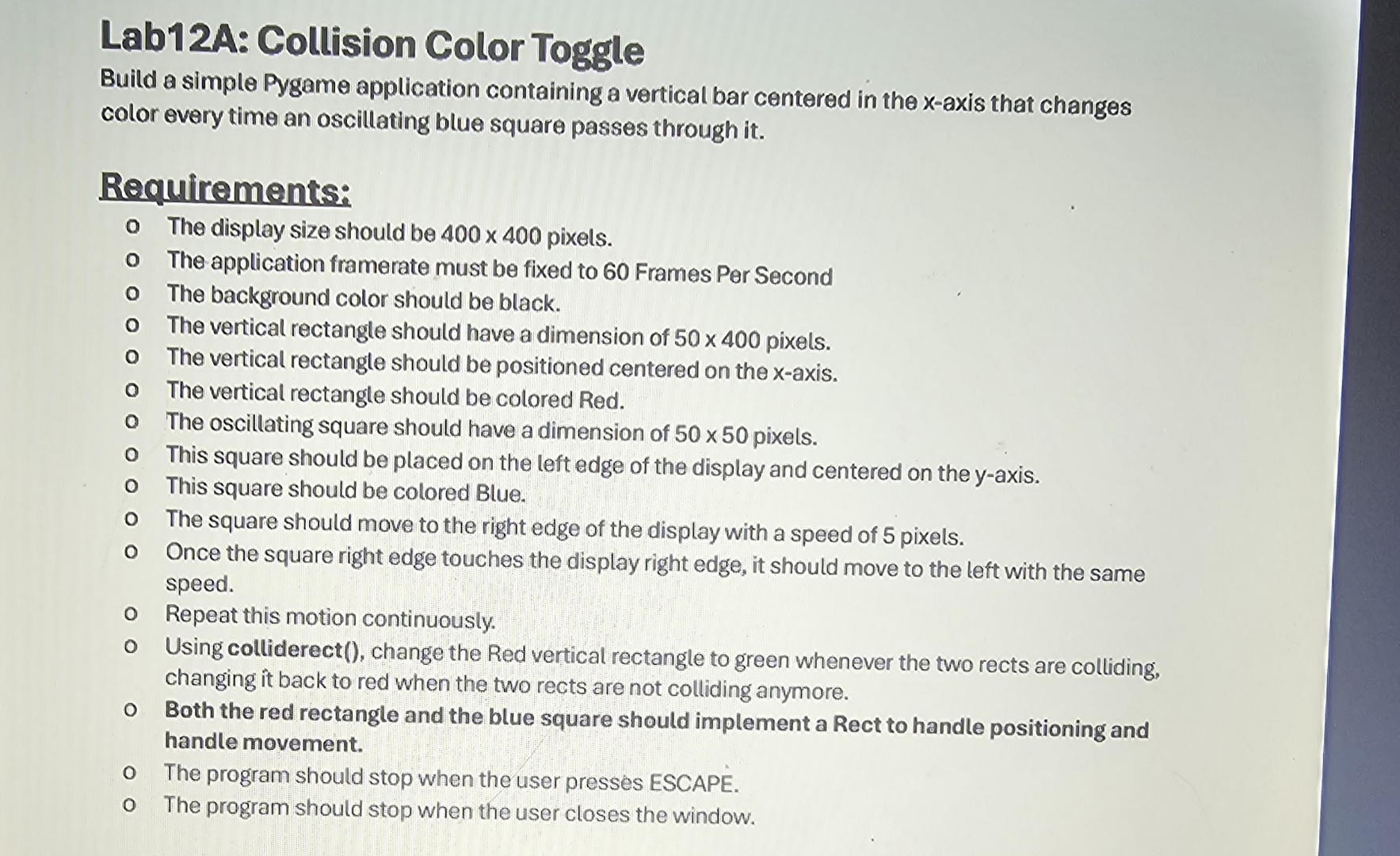 Solved Lab12A: Collision Color ToggleBuild a simple Pygame | Chegg.com