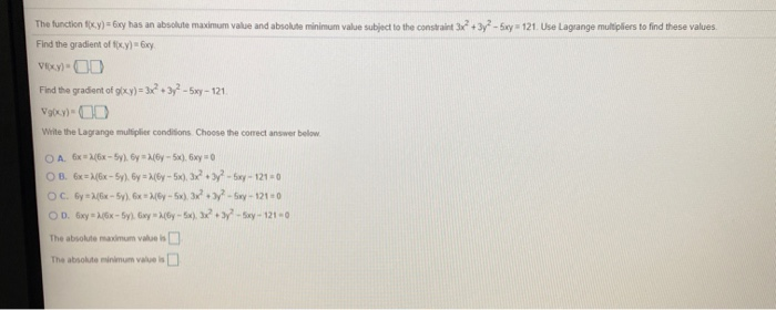 Solved The function f(x,y) = 6xy has an absolute maximum | Chegg.com