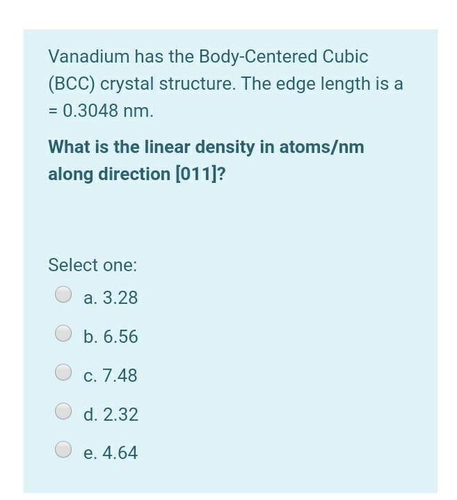 Solved Vanadium has the Body-Centered Cubic (BCC) crystal | Chegg.com