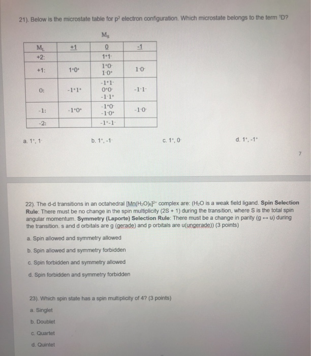 Solved 21). Below is the microstate table for p'electron | Chegg.com