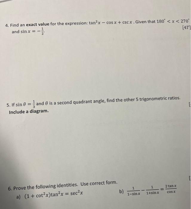 Solved 4. Find an exact value for the expression: | Chegg.com