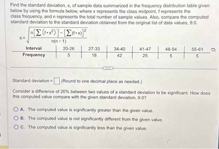 Solved Find the standard deviation, s, of sample data | Chegg.com