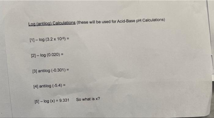 Solved Log (antilog) Calculations (these will be used for | Chegg.com