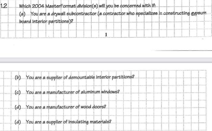 Solved 1.2 Which 2004 MasterFormat division(s) will you be | Chegg.com