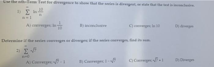 Solved Use the nth-Term Test for divergence to show that the | Chegg.com