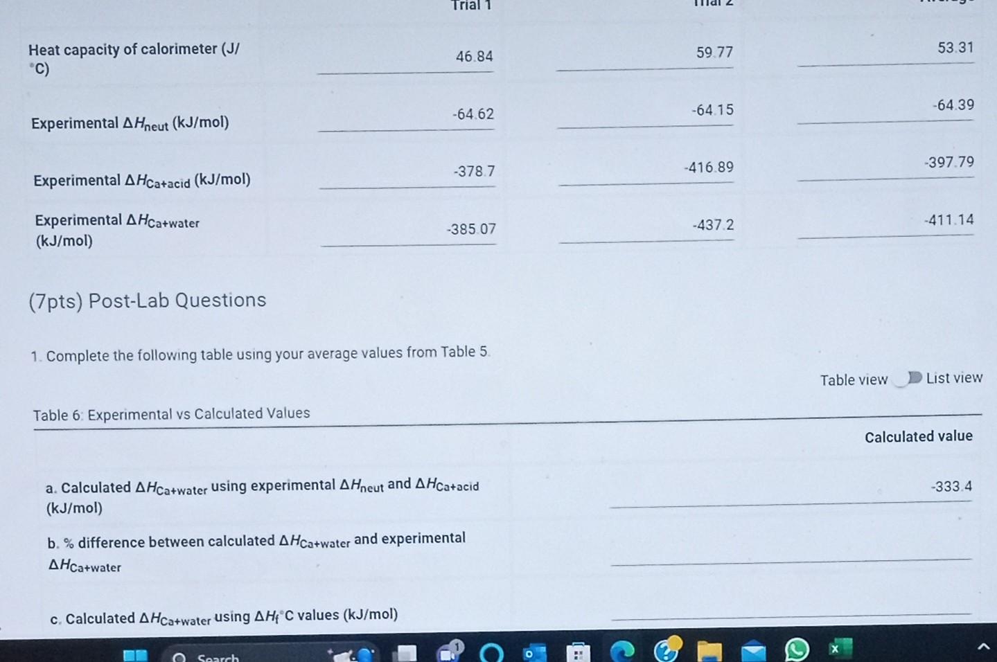 1. Complete the following table using your average | Chegg.com
