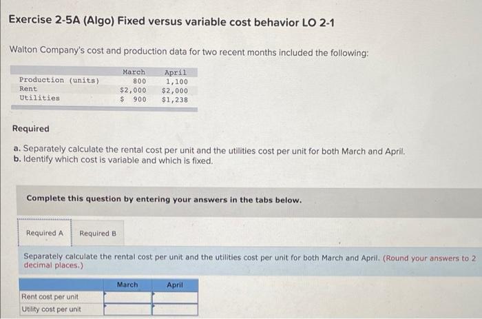 Solved Exercise 2-5A (Algo) Fixed versus variable cost | Chegg.com