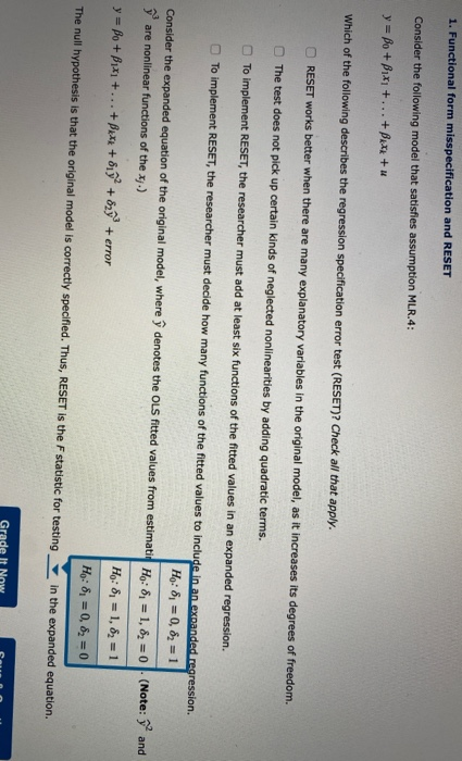 Solved 1. Functional form misspecification and RESET | Chegg.com