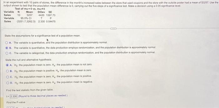 Solved In an experiment with 10 pairs of stores, the | Chegg.com