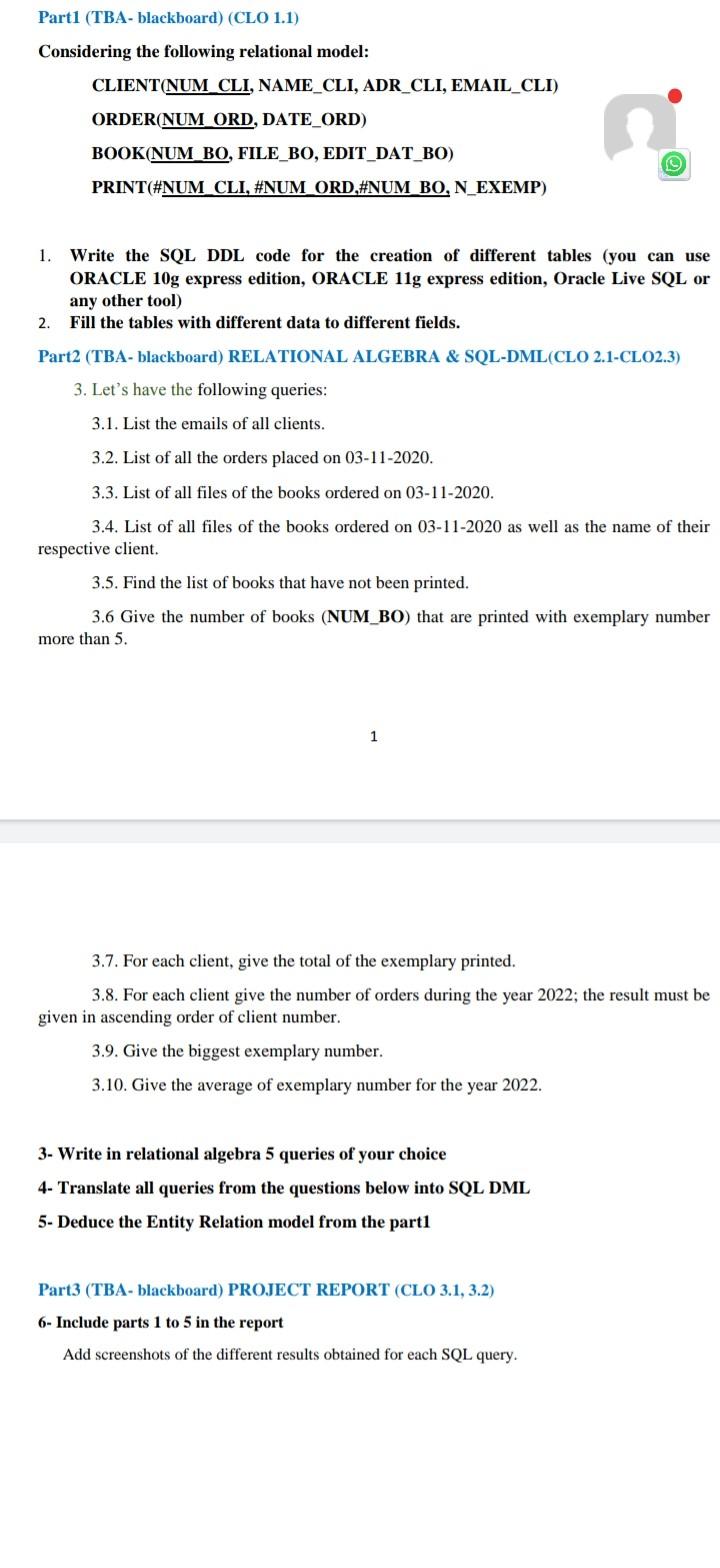 Solved Part1 (TBA-blackboard) (CLO 1.1) Considering the | Chegg.com