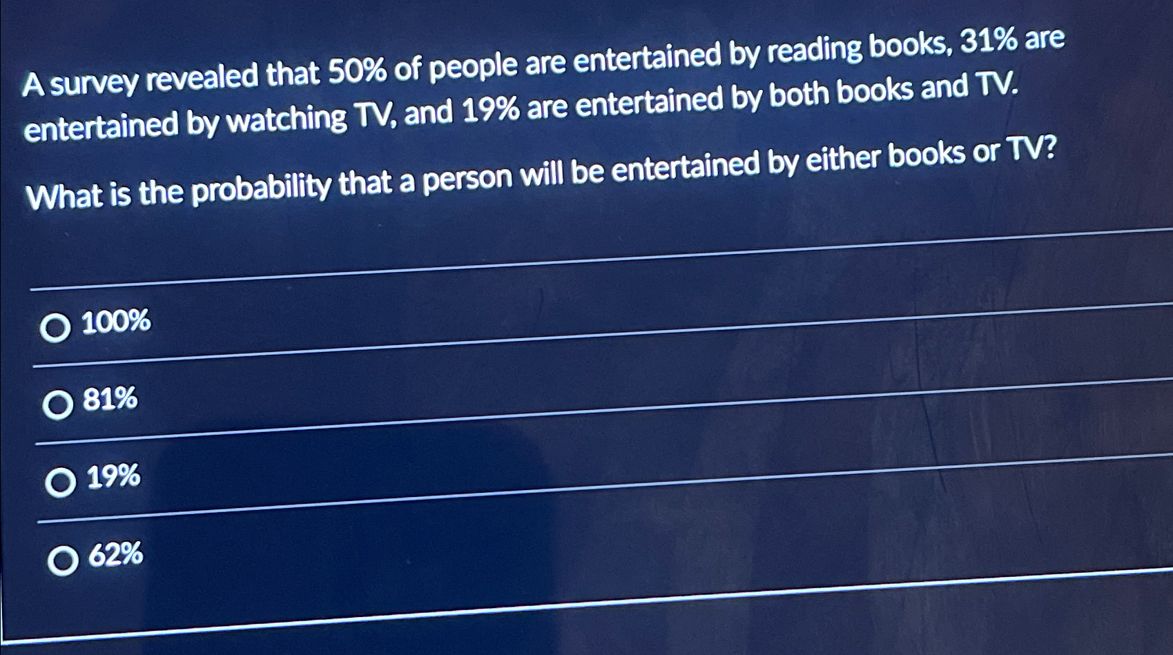 Solved A survey revealed that 50% ﻿of people are entertained | Chegg.com