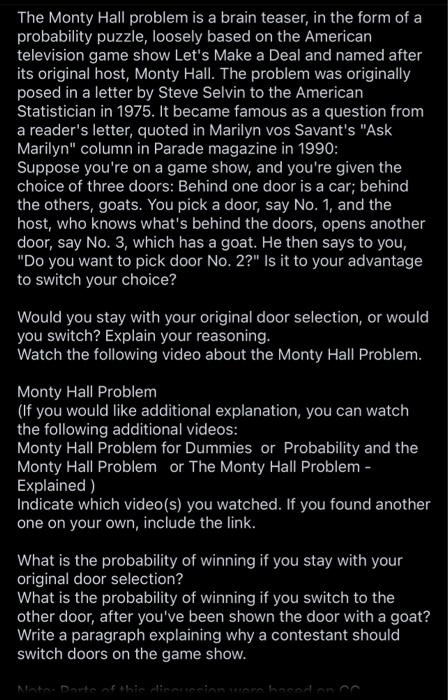 Solved The Monty Hall problem is a brain teaser, in the form | Chegg.com