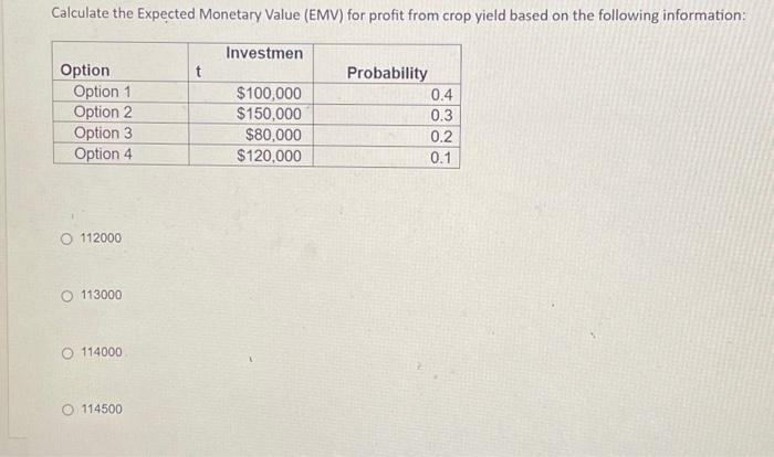 Solved Calculate The Expected Monetary Value Emv For