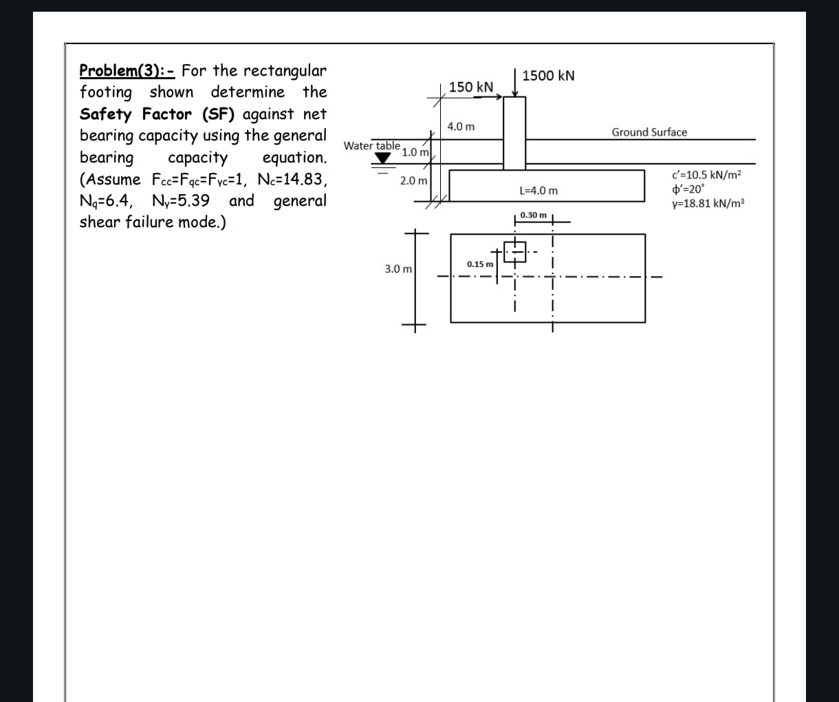 Solved Problem(3):- ﻿For the rectangular footing shown | Chegg.com