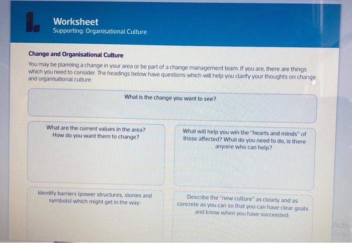 Solved L. Worksheet Supporting: Organisational Culture | Chegg.com