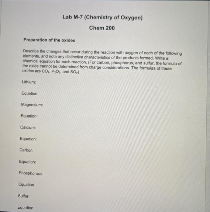 Solved Lab M-7 (Chemistry of Oxygen) Chem 200 Preparation of | Chegg.com