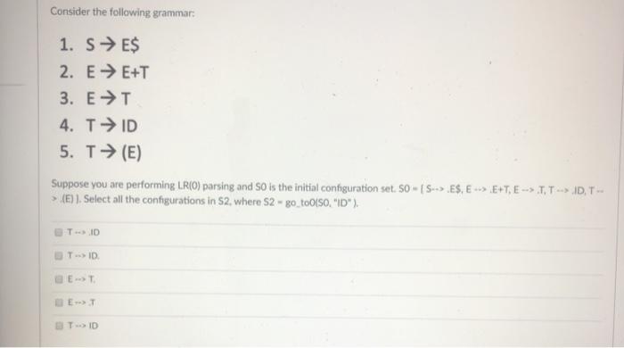 Solved Consider the following grammar 1. SE$ 2. EE+T 3. ET | Chegg.com