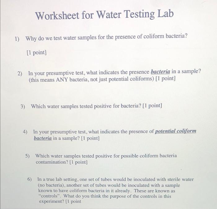 Solved Worksheet for Water Testing Lab 1) Why do we test | Chegg.com