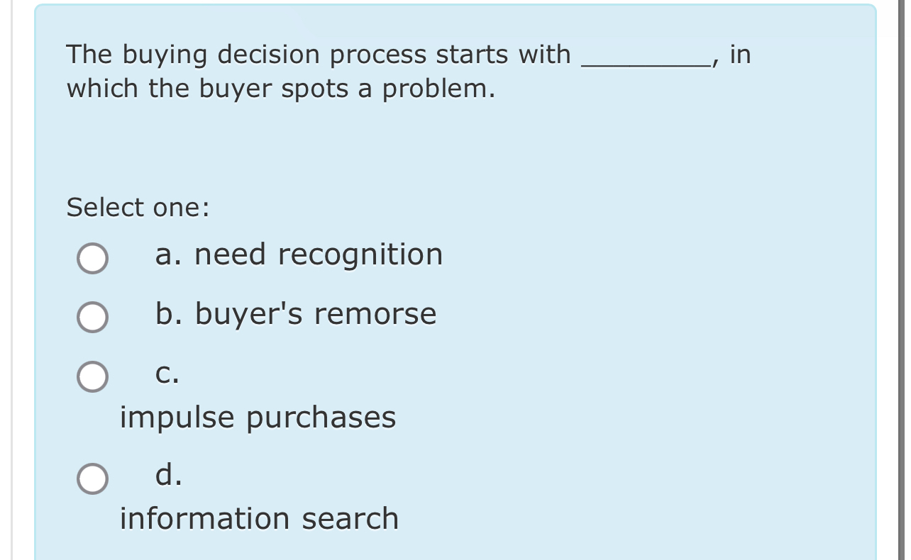 Solved The buying decision process starts with ﻿in which | Chegg.com
