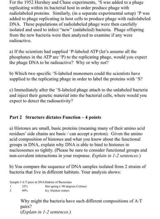 Solved For the 1952 Hershey and Chase experiments, "S was | Chegg.com