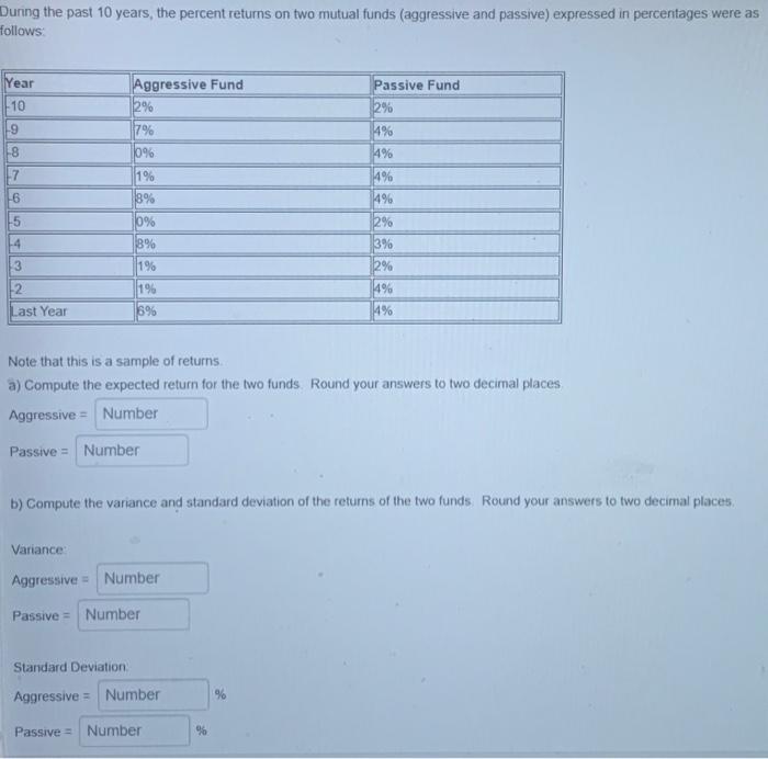 Solved During the past 10 years, the percent returns on two | Chegg.com