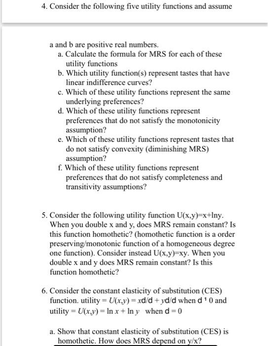 Solved 4. Consider the following five utility functions and | Chegg.com