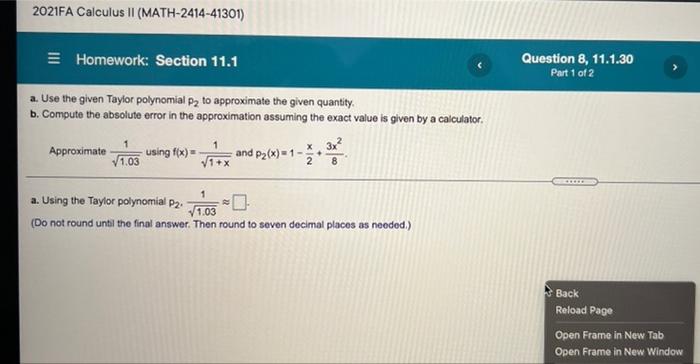 Solved 2021FA Calculus II (MATH-2414-41301) = Homework: | Chegg.com