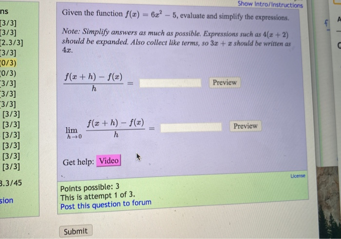 Solved Show Intro/Instructions Given the function f(x) = 6x2 | Chegg.com