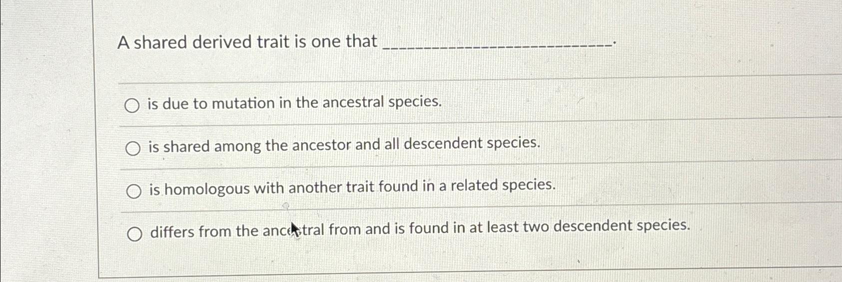 Solved A shared derived trait is one that.is due to mutation | Chegg.com