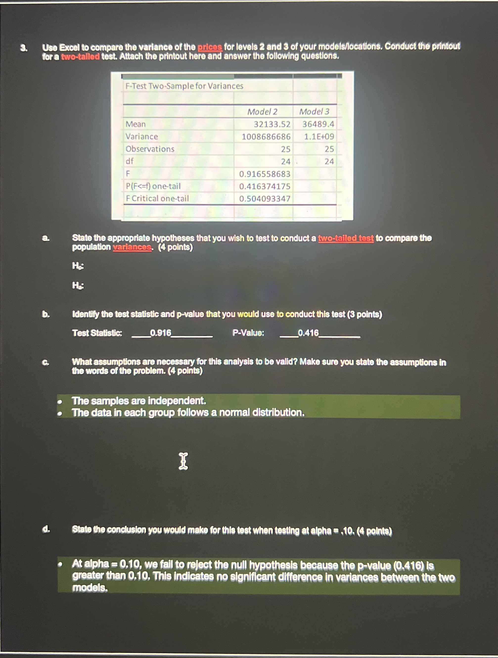 Solved Use Excel to compare the variance of the prices for | Chegg.com