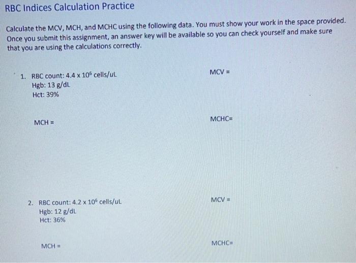 Solved RBC Indices Calculation Practice Calculate the MCV, | Chegg.com