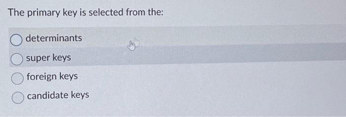 Solved The primary key is selected from the: determinants | Chegg.com