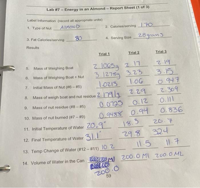 Solved Lab #7 - Energy in an Almond - Report Sheet (1 of 3) | Chegg.com